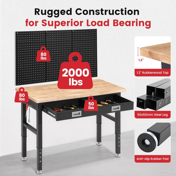 WFX Utility™ Work Bench with Storage Adjustable Workbenches with Drawer for Garage Rubber Wood ...